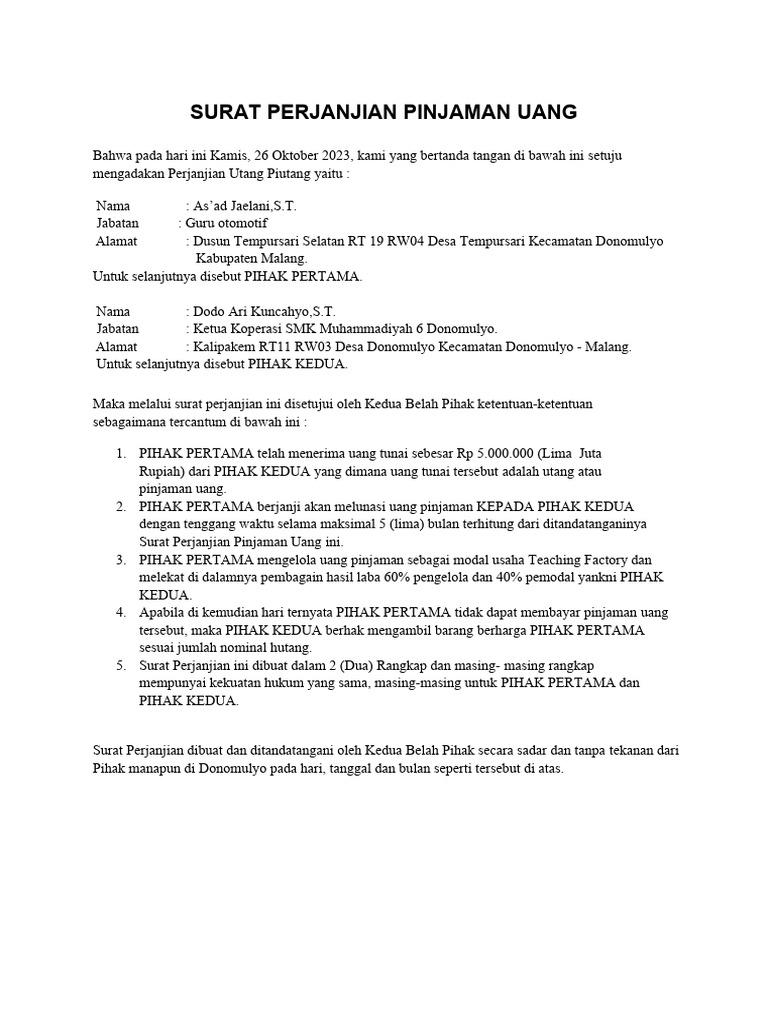 Contoh Surat Perjanjian Pinjaman Uang | PDF