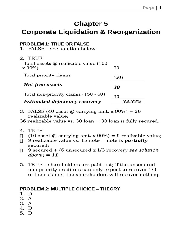 SOL. MAN. CHAPTER 5 CORPORATE LIQUIDATION REORGANIZATION 2020 EDITION - Docx 070455 | PDF ...