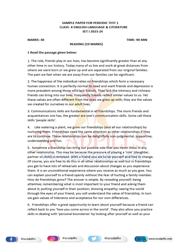 Eng Lang & Lit Class-10th PT-1, Set-1 2023-24 | PDF | Friendship ...