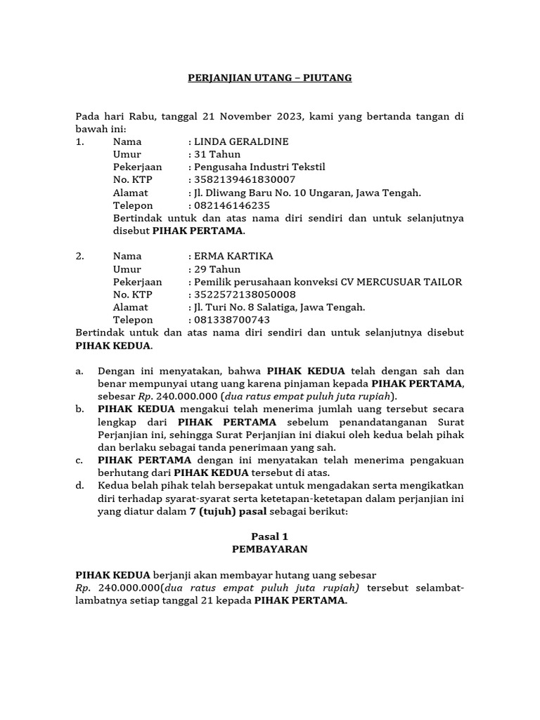 Perjanjian Utang Rp240 Juta Tertulis | PDF | Pengelolaan Keuangan & Uang