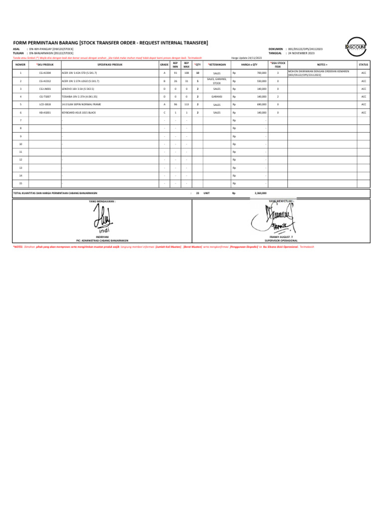 Contoh Template Stok Transfer Order | PDF