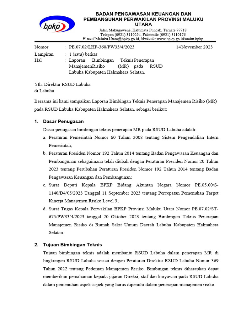 LHP-360 (ST-675) Laporan Bimbingan Teknis Penerapan Manajemen Risiko ...