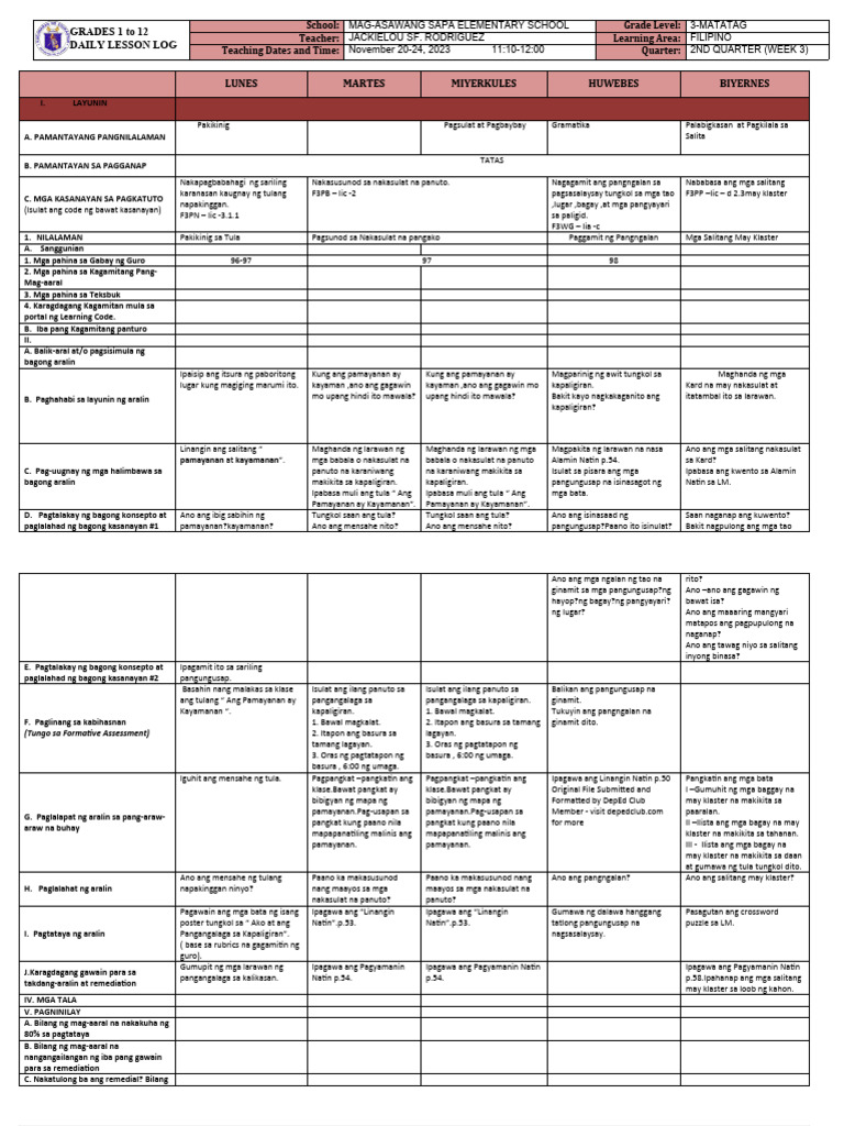 DLL FILIPINO 3 Q2 Week 3 | PDF