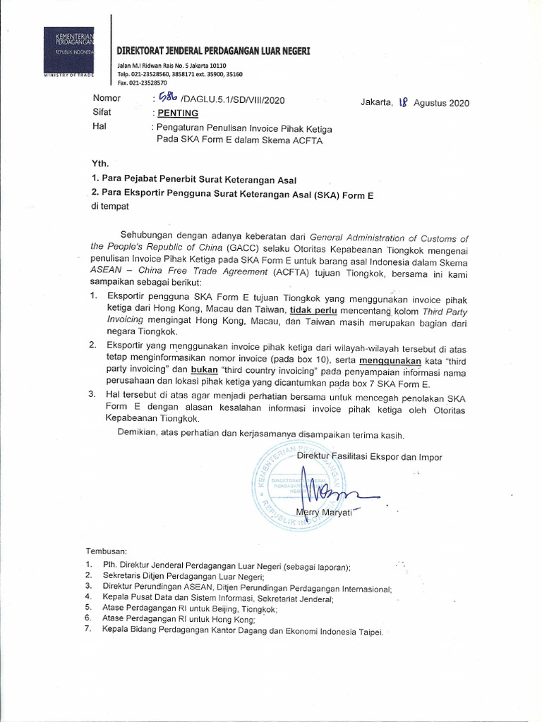 SE 586 - Pengaturan Penulisan Invoice Pihak Ketiga Pada SKA Form E ...