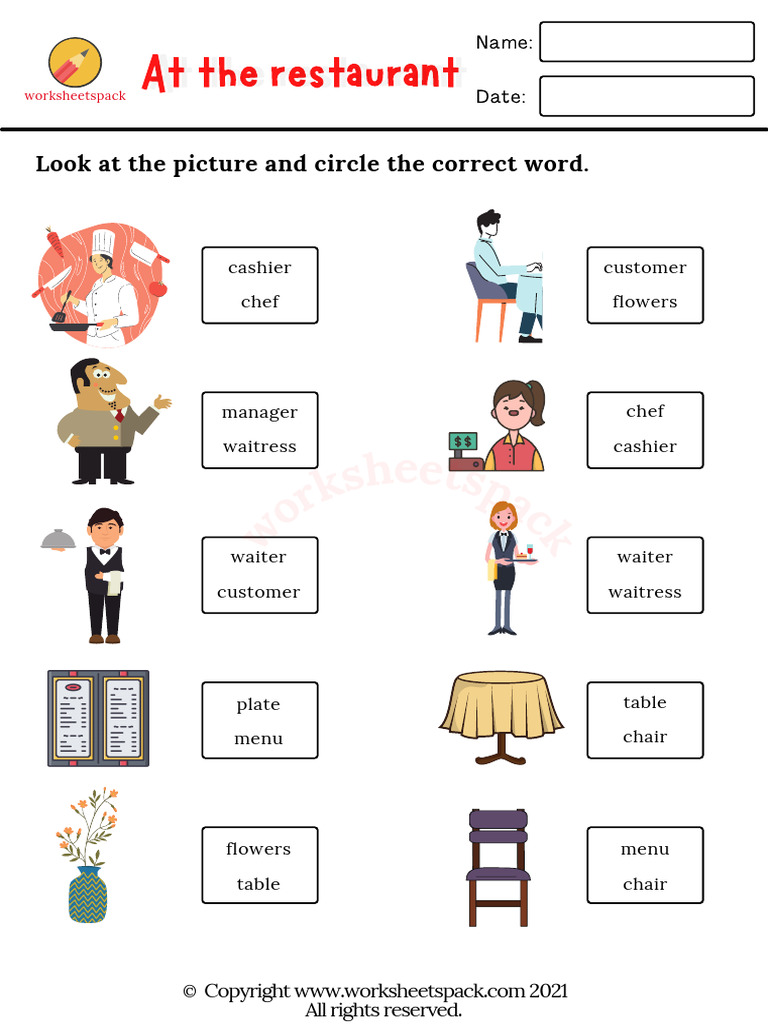 At The Restaurant Vocabulary Worksheets | PDF | Waiting Staff | Restaurants