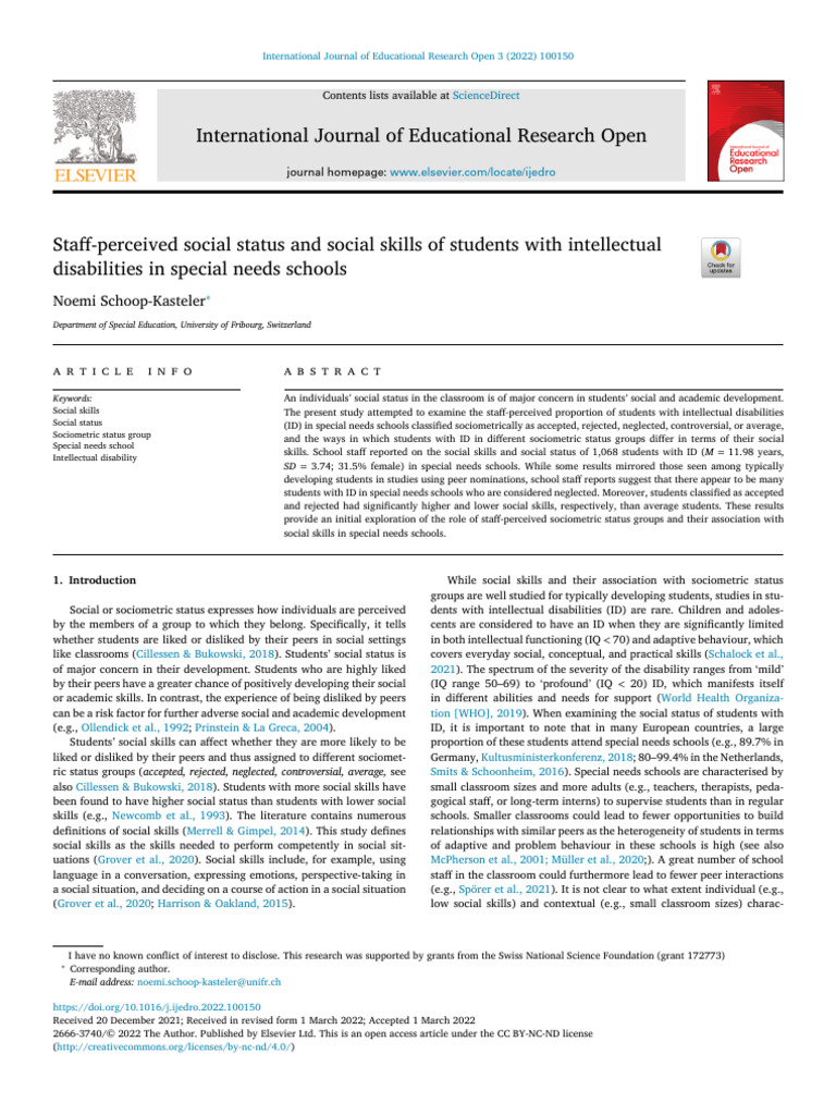 Staff-Perceived Social Status and Social Skills of Students With ...