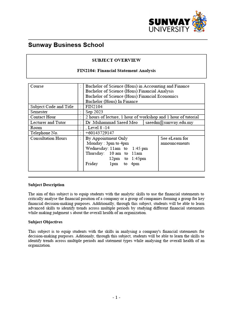 SEP 2023 FIN2104 Subject Overview | PDF | Lecture | Financial Statement