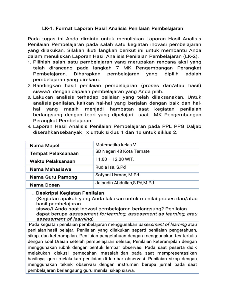 Format Hasil Asesmen Pembelajaran LK.1. Rudia | PDF