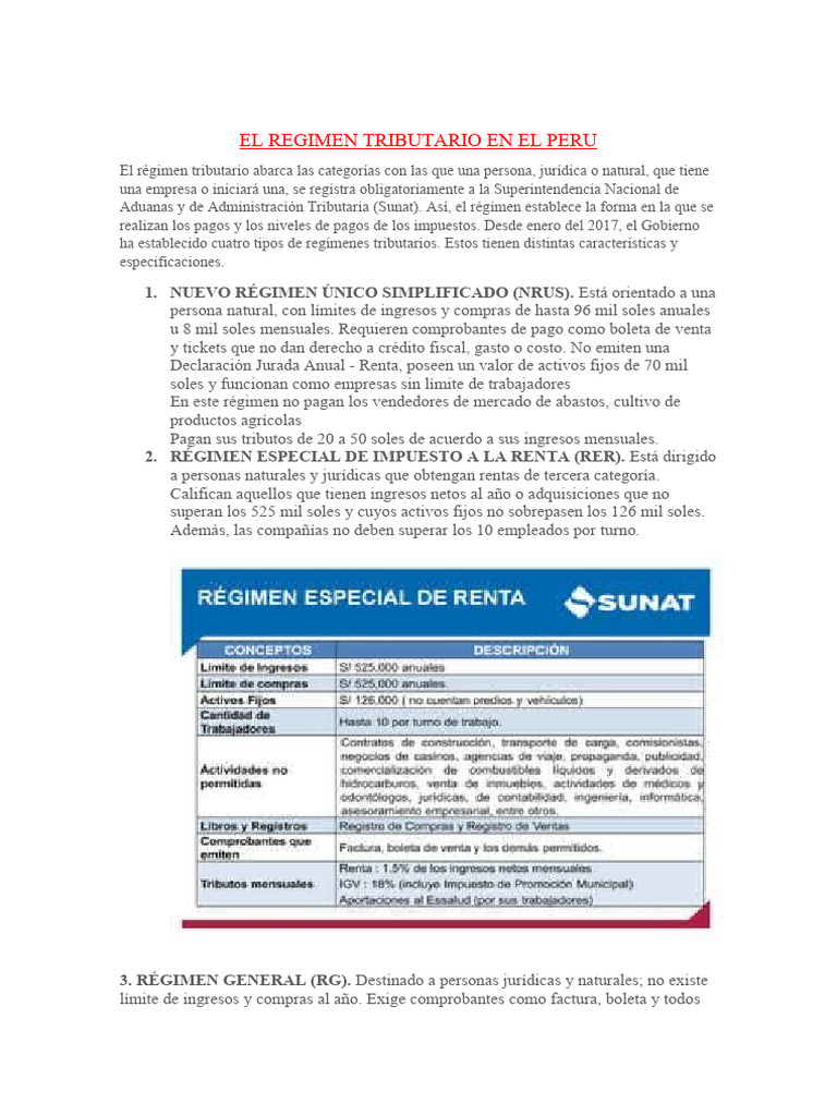 Regimen Tributario en El Peru (Resumen) | Descargar gratis PDF | Impuestos | Impuesto sobre la renta