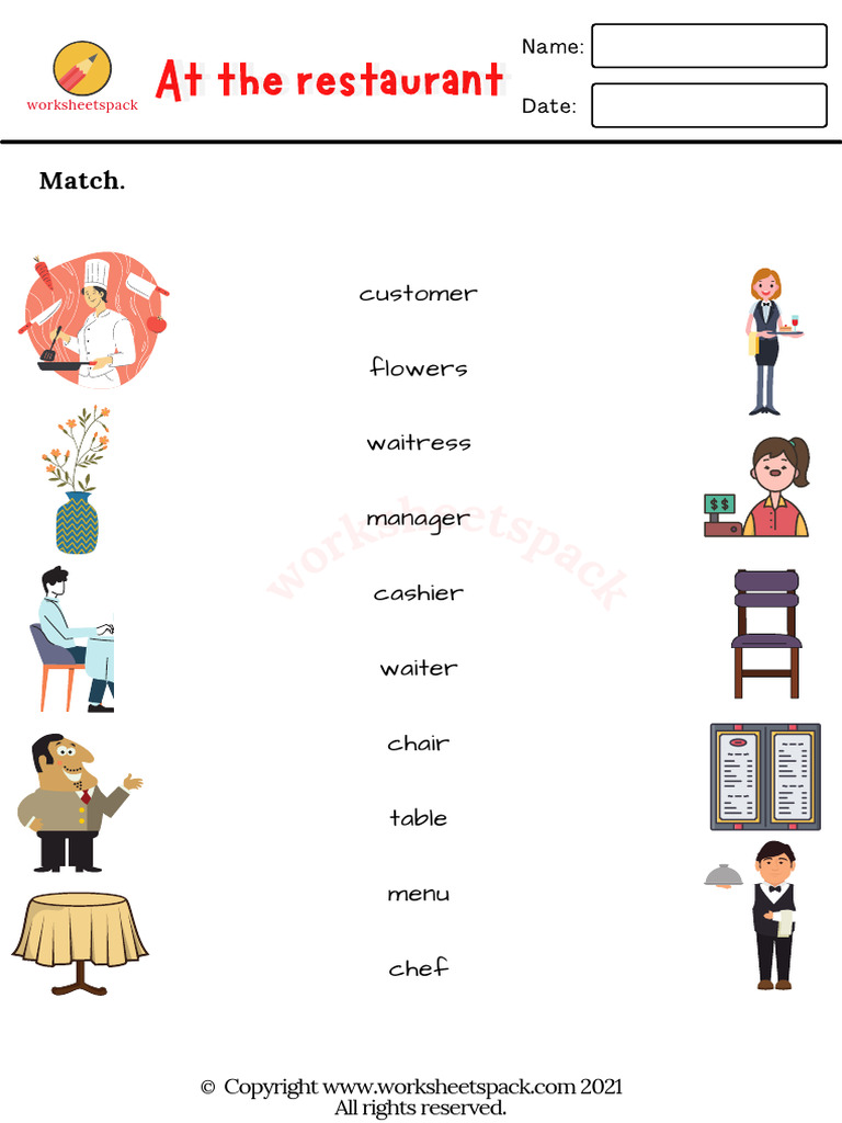 At The Restaurant Vocabulary Matching | PDF