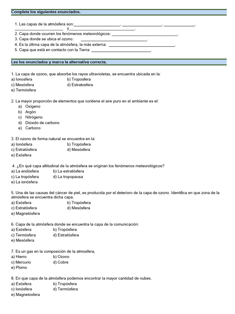 Practica de La Atmosfera y Sus Capas 2 Hojas | PDF | Atmósfera ...