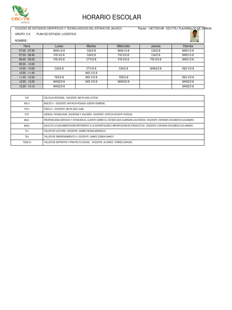 Horario Escolar: Hora Lunes Martes Miércoles Jueves Viernes | PDF