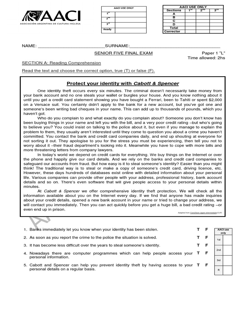 Senior 5 P1 | PDF | Identity Theft | English Language
