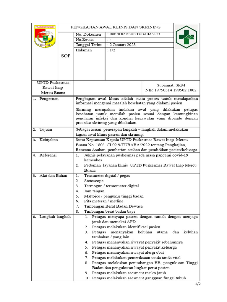 3.2.1. Ep.a.2. Sop Kajian Awal Klinis Dan Skrining | PDF | Pengembangan Diri | Kesehatan Holistik