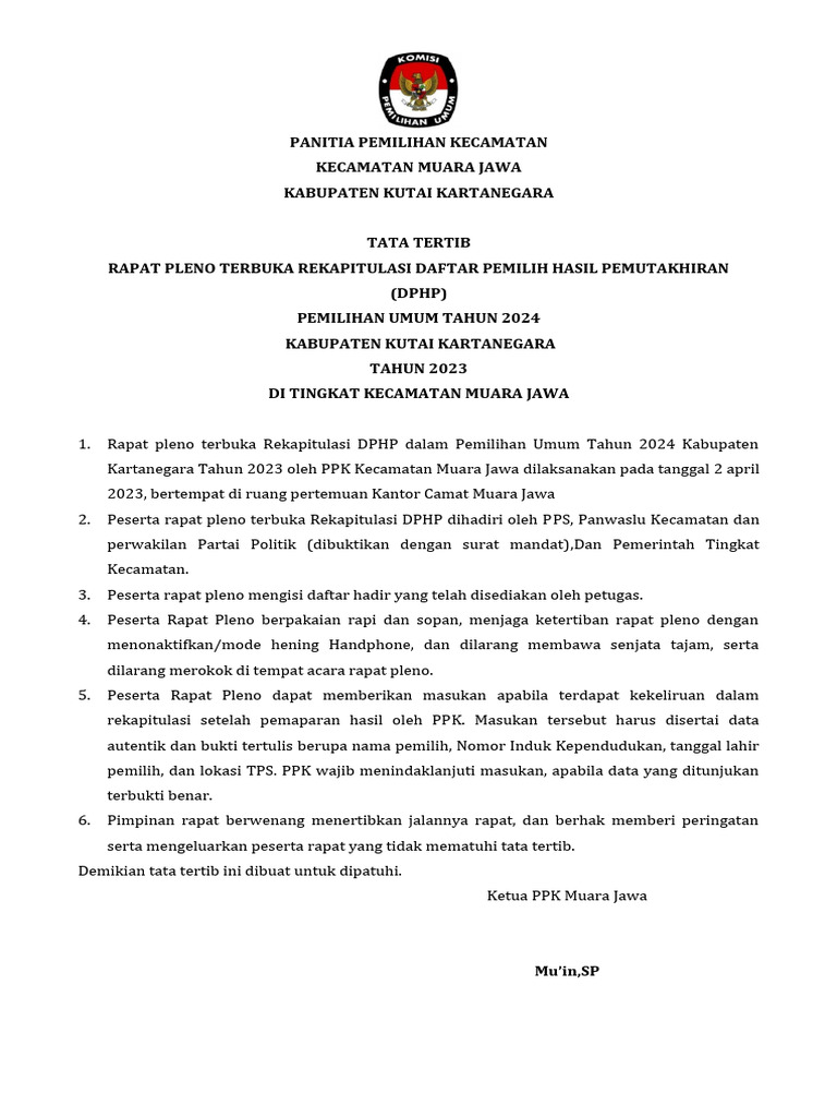 Tata Tertib DPHP PEMILU 2024 PPK | PDF
