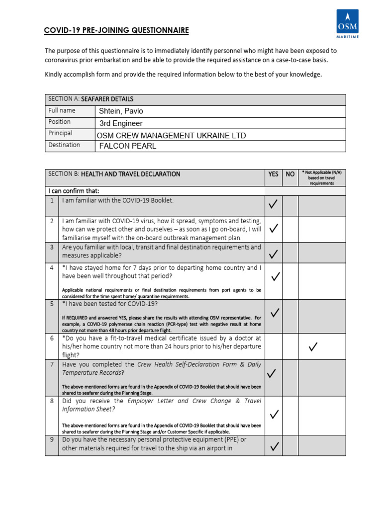 COVID-19 Pre-Joining Questionnaire | PDF | Diseases And Disorders | Medical Specialties