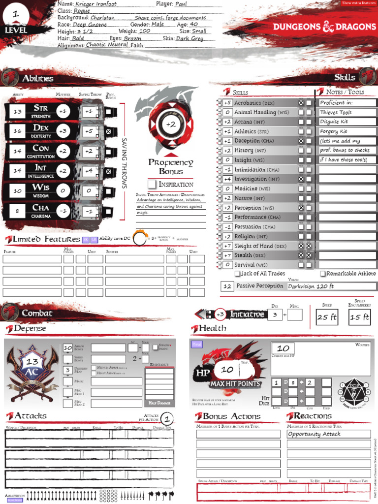 Krieger Character Sheet - Rogue 1 | PDF | D20 System | Role Playing