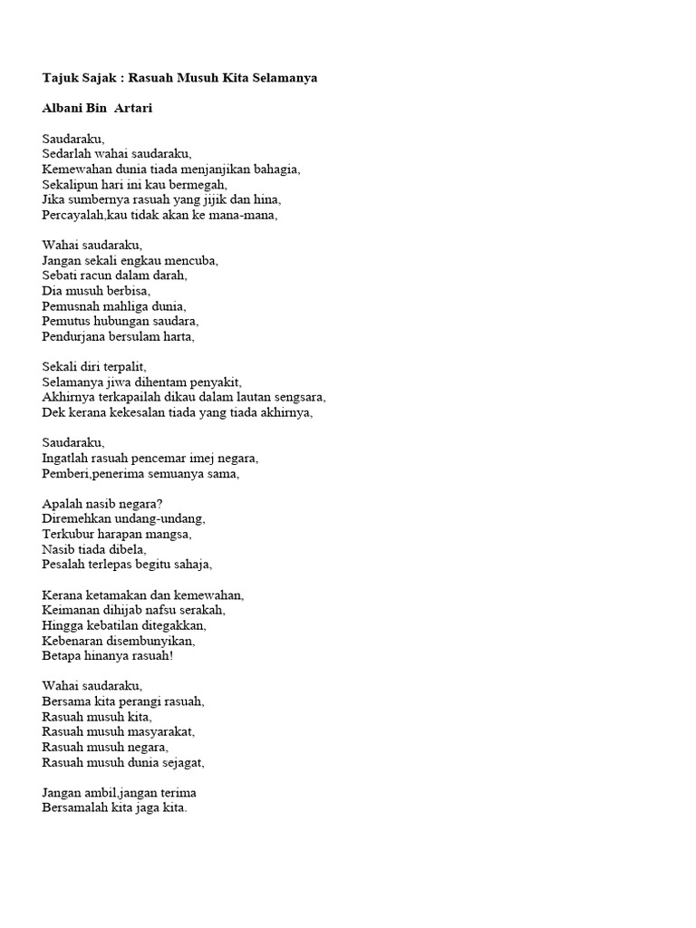 Rasuah Musuh Kita Selamanya (Sajak) | PDF | Ilmu Sosial | Puisi