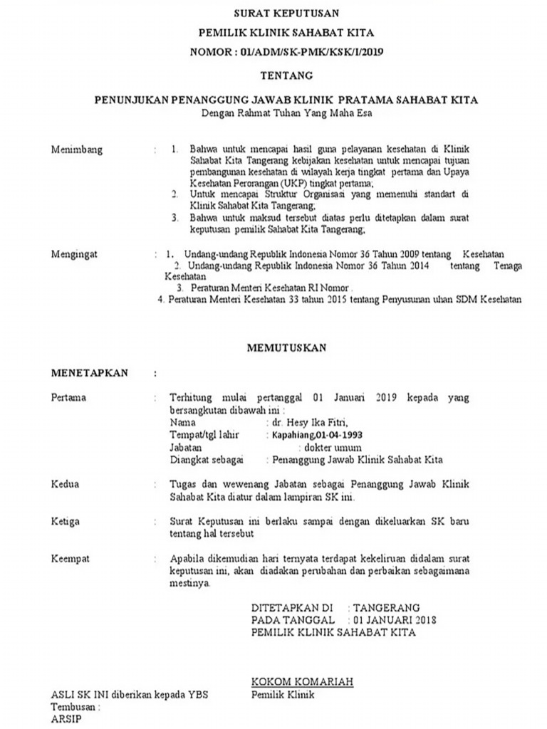 Contoh SK PJ Klinik Utama | PDF