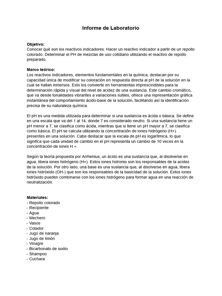 Informe de Laboratorio | PDF | Ph | Ácido