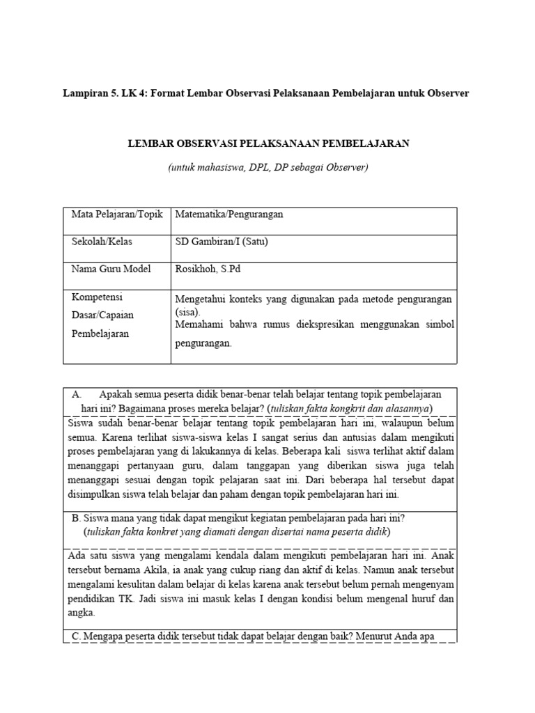 Observasi Pembelajaran SD | PDF | Sains & Matematika