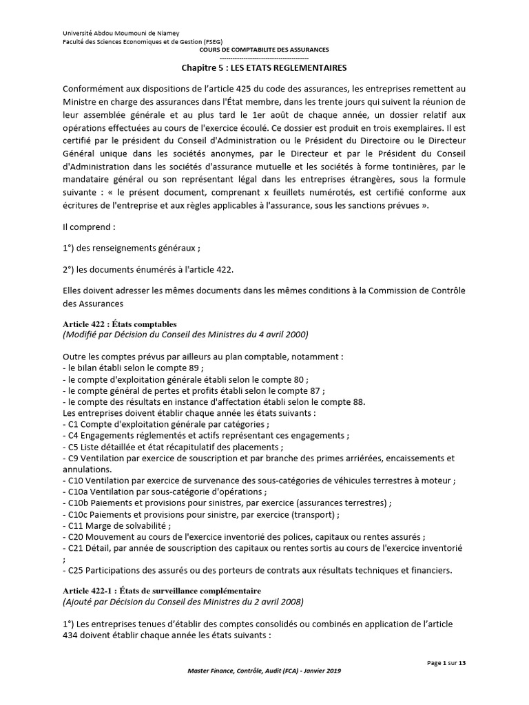 États réglementaires en comptabilité d'assurance | PDF | Assurance ...
