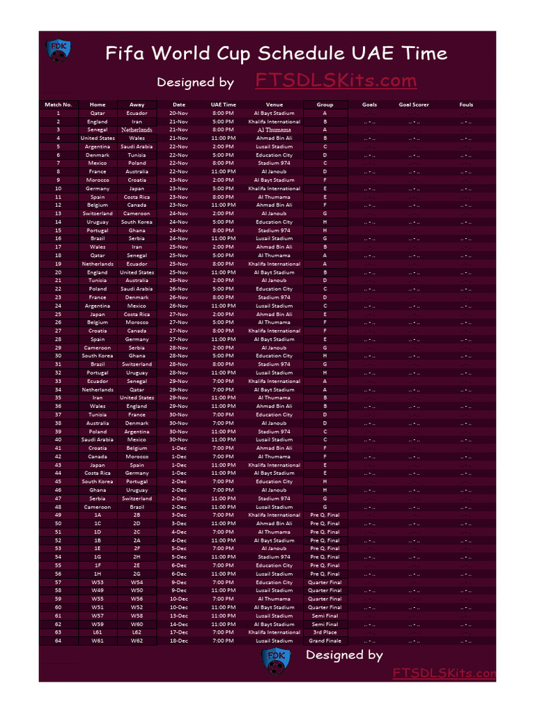 FIFA World Cup 2022 UAE Schedule | PDF | European National Association ...
