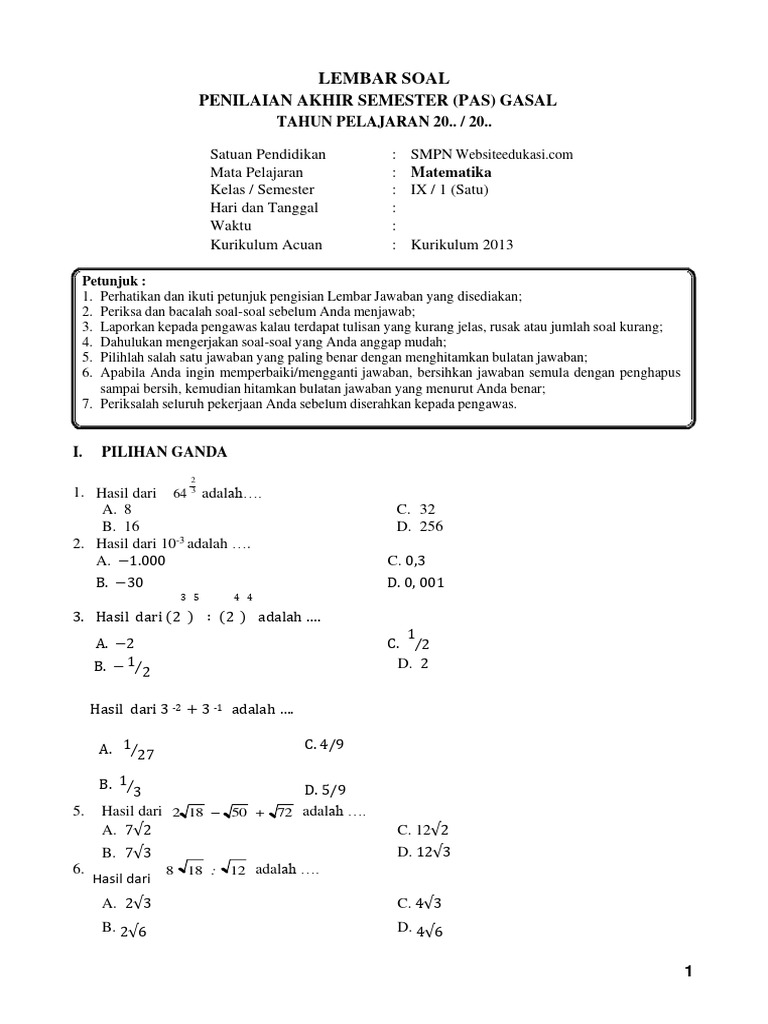 Soal Pas MTK KLS 9 K13 | PDF