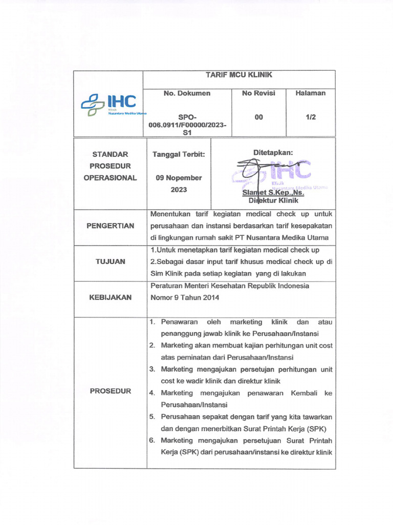 Spo Tarif Mcu Klinik | PDF