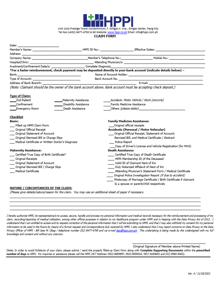 REIMBURSEMENT CLAIM FORM HPPI - Ver. 4 11-18-2021 1 | PDF | Health Care ...