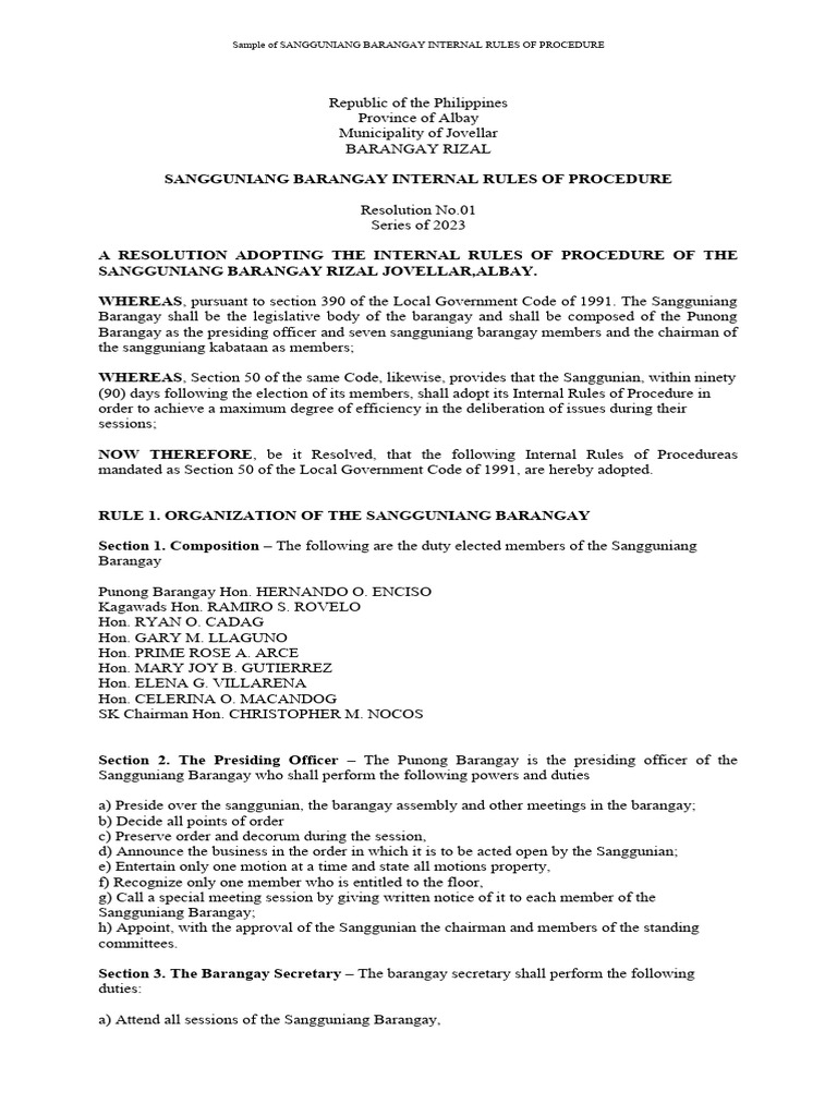 Sample Barangay IRP | PDF | Quorum | Group Decision Making