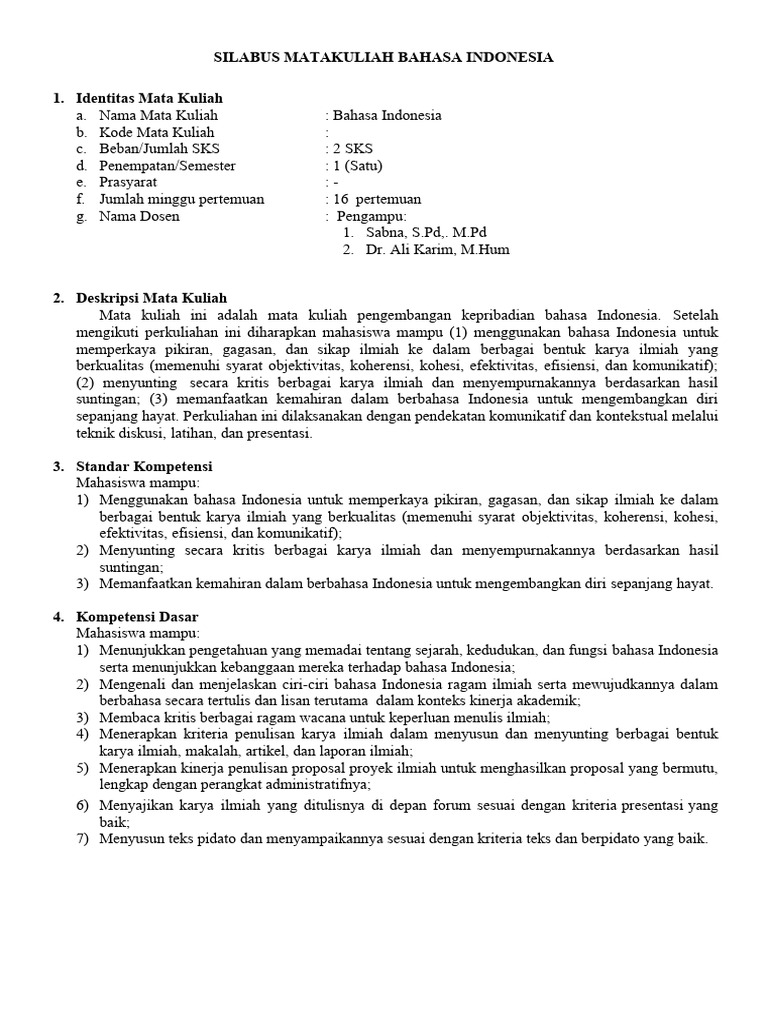 Silabus - Mku Bahasa Indonesia | PDF | Karier & Perkembangan | Seni ...