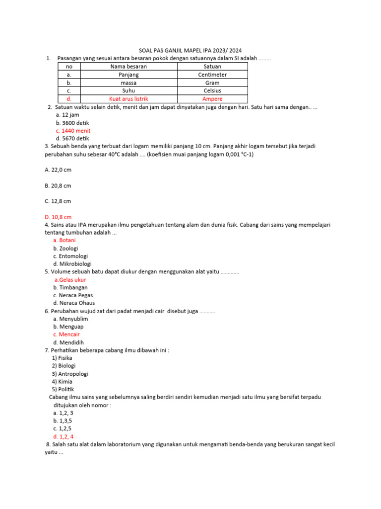 Soal Pas Ipa Ganjil | PDF | Sains & Matematika