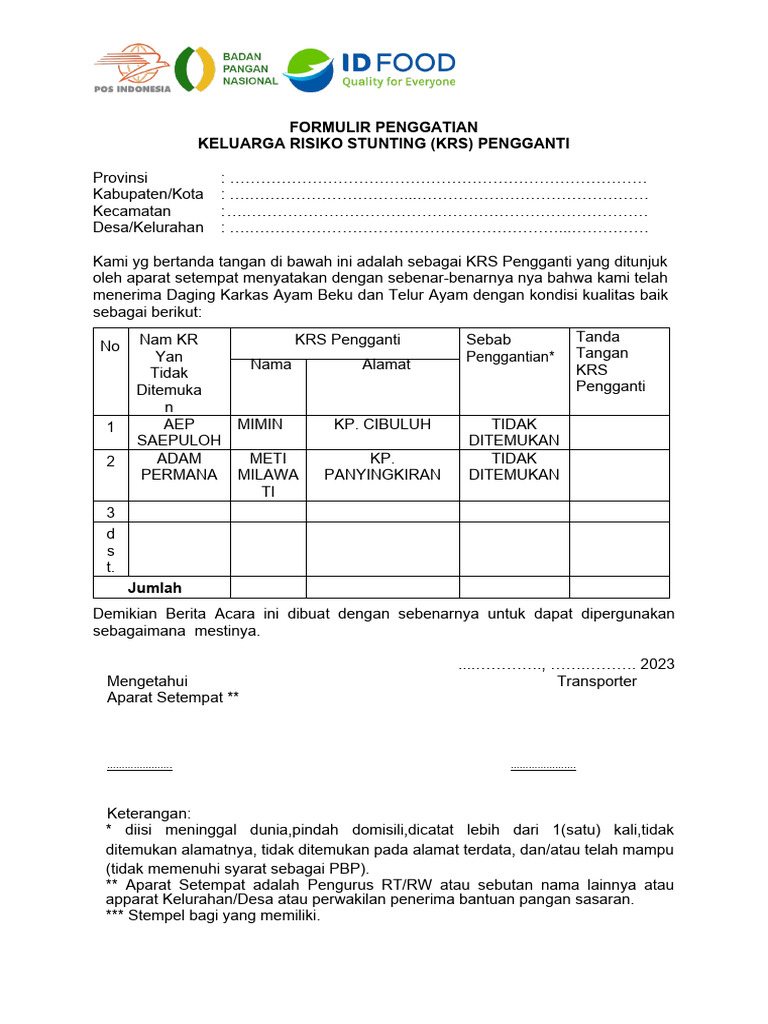 Formulir Penggantian Keluarga Risiko Stunting | PDF