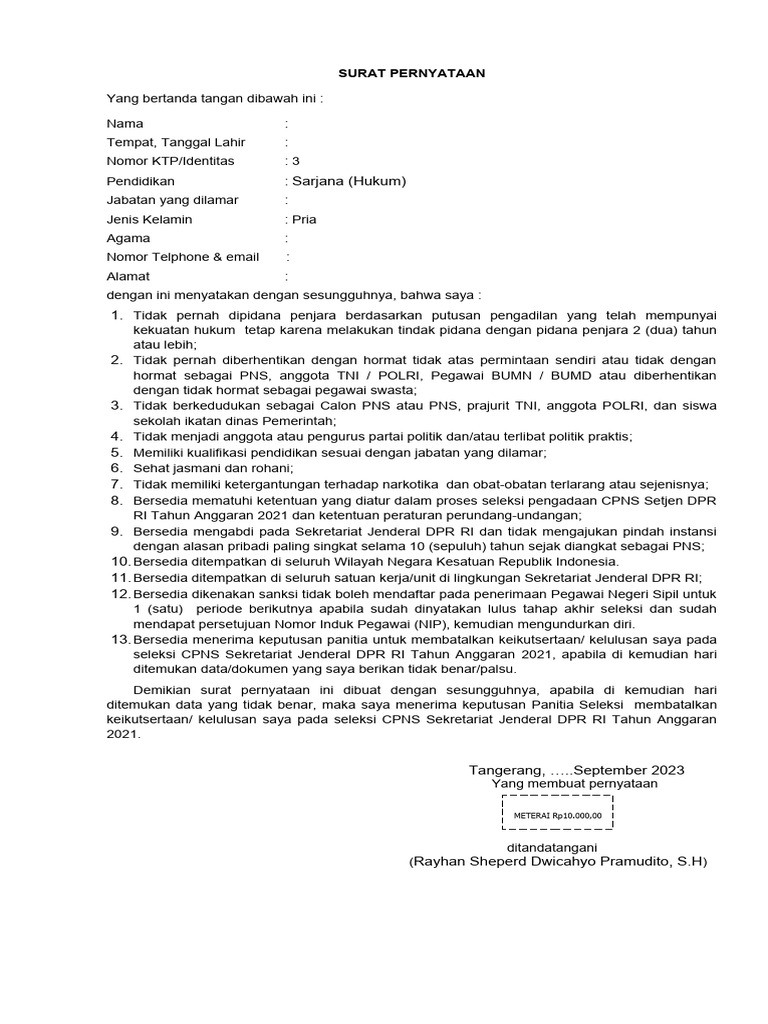 Contoh Surat Pernyataan | PDF