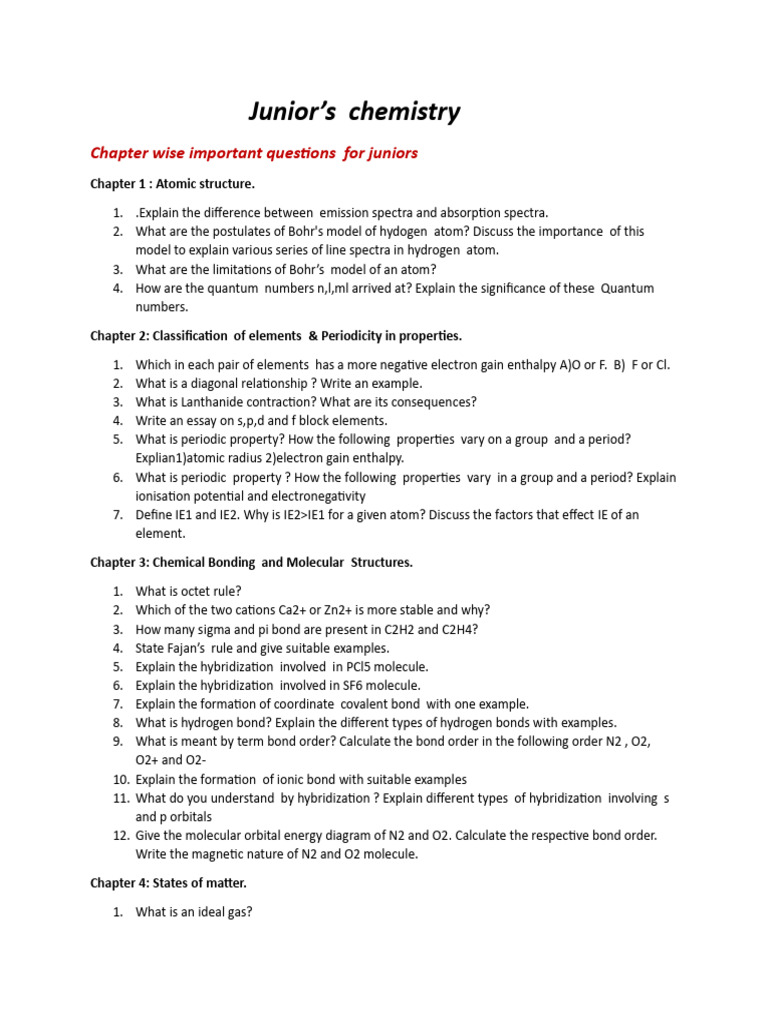 Half Yearly Chapterwise Important Questions | PDF | Chemical Bond ...