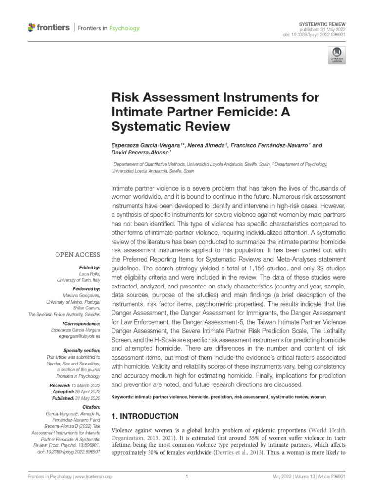 Risk Assessment Instruments For Intimate Partner Femicide A Systematic