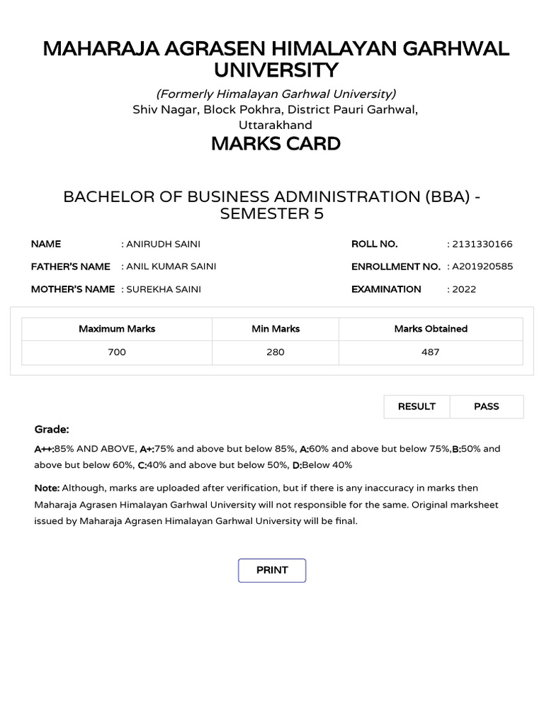 BBA Semester 5 Marks Card Sample | PDF