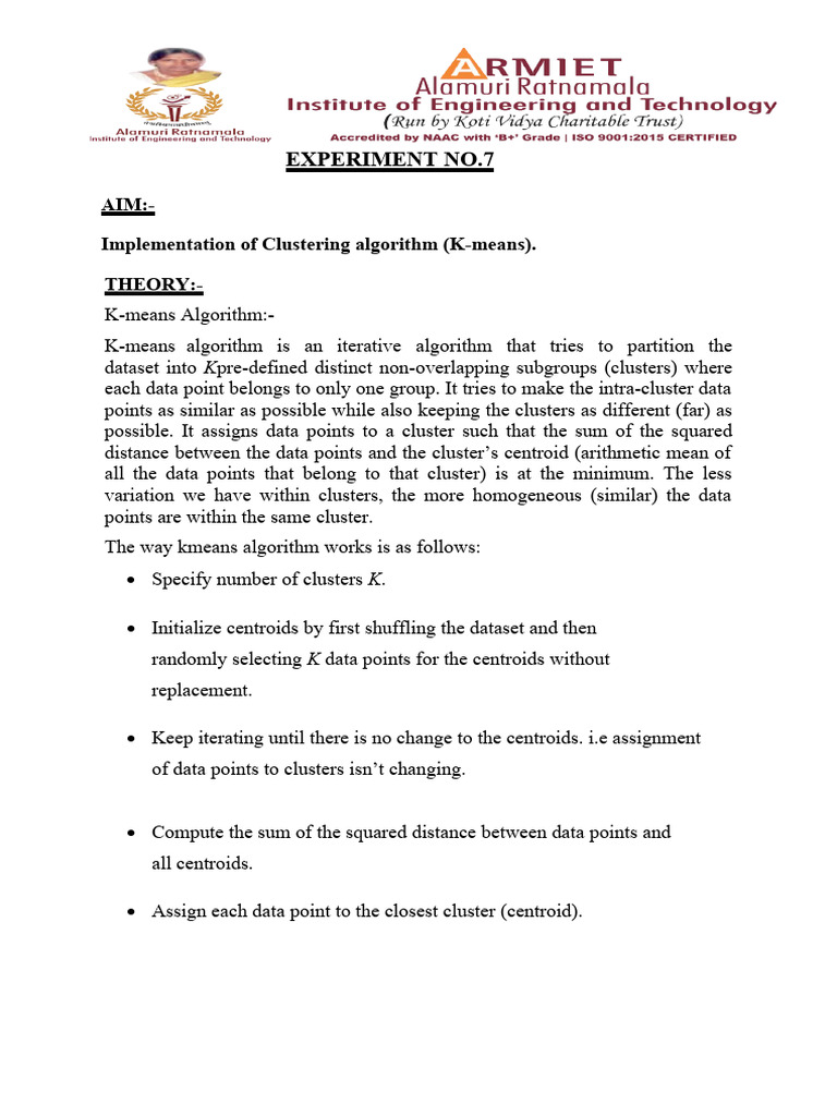 Exp 7 | PDF | Cluster Analysis | Mathematical Logic