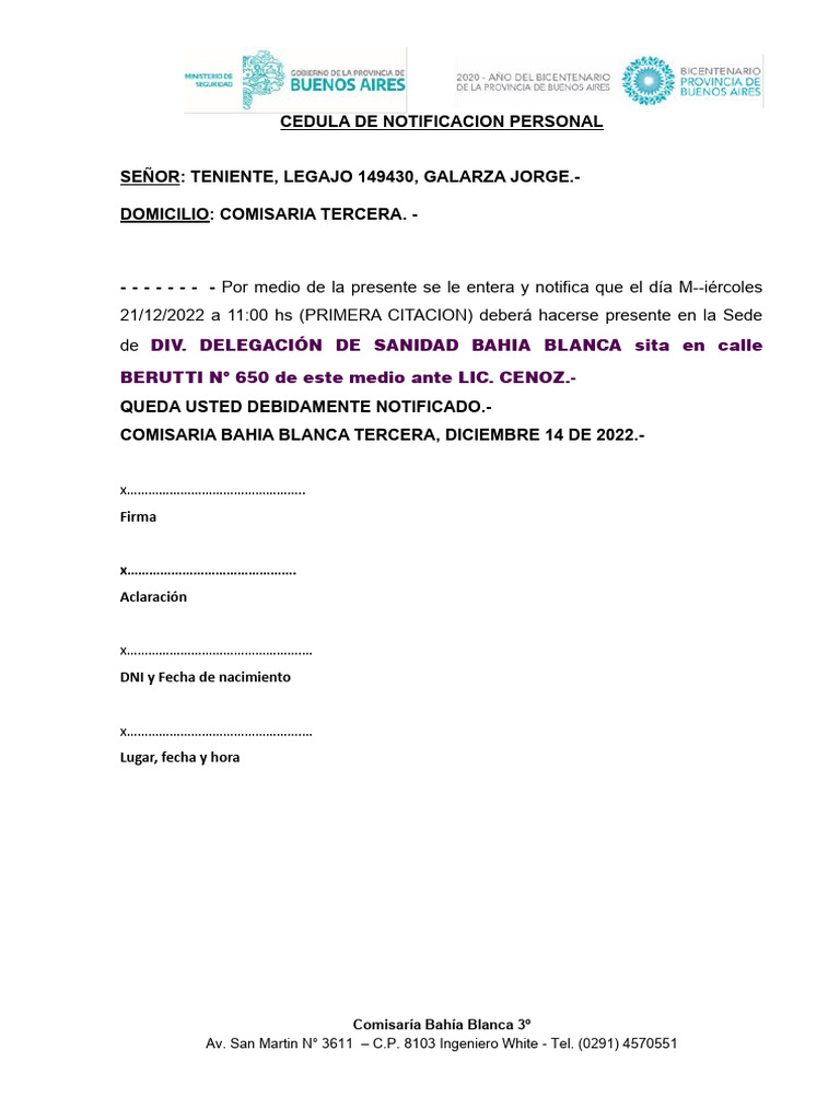 Cedula de Notificacion Personal | PDF Cedula de Notificacion Personal | PDF