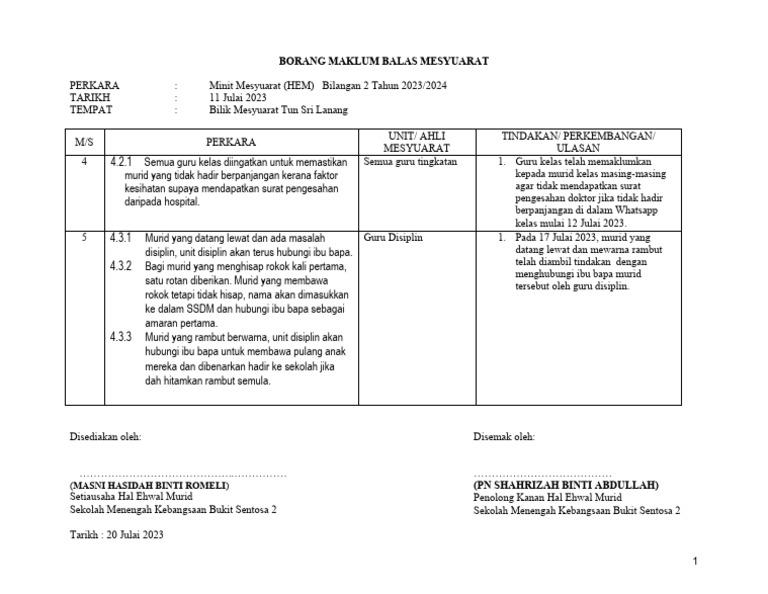 MAKLUM BALAS Minit Mesyuarat HEM Bil 2 2023 | PDF
