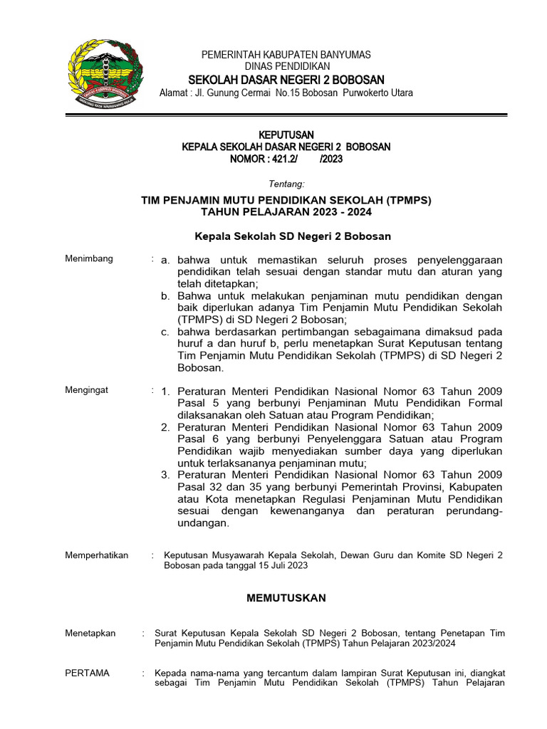 SK Tim Penjaminan Mutu Sekolah | PDF