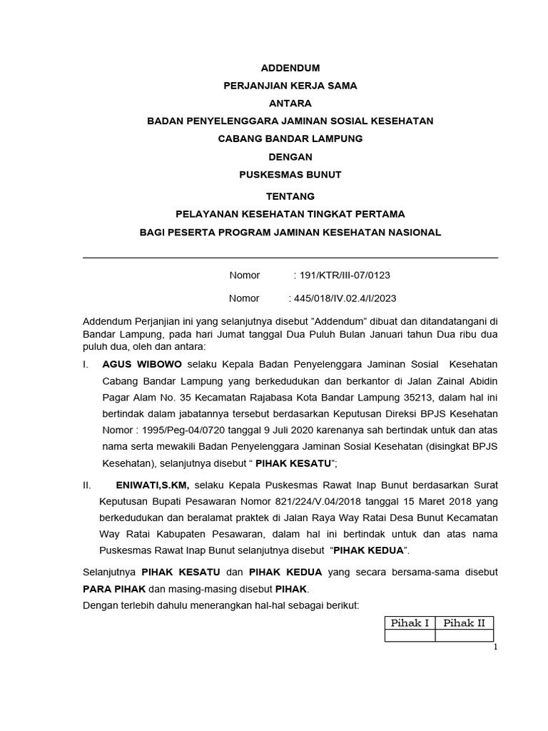 Addendum Pks Antara Bpjs Dan Uptd Puskesmas Bunut Tahun 2023 New | PDF ...