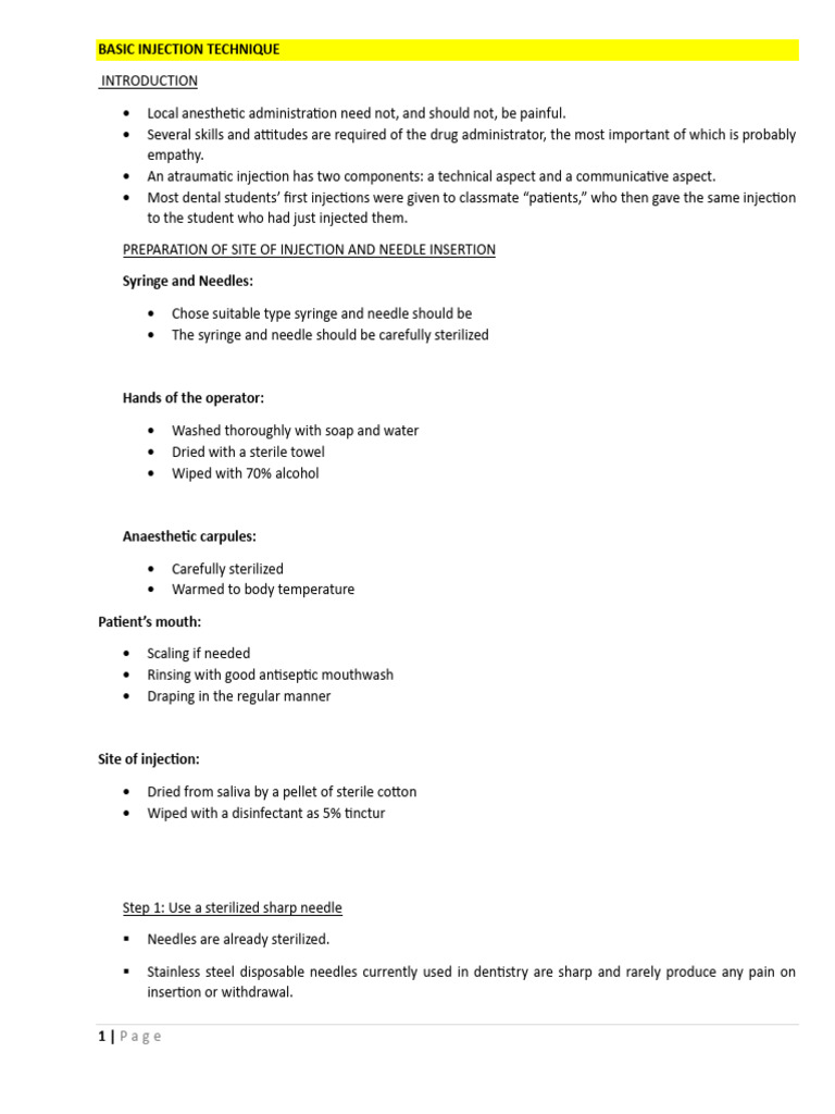 Basic Injection Technique | PDF | Injection (Medicine) | Anesthesia