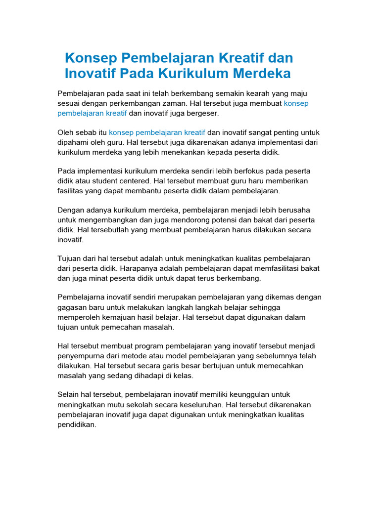 Konsep Pembelajaran Kreatif Dan Inovatif Pada Kuri (Juni) | PDF