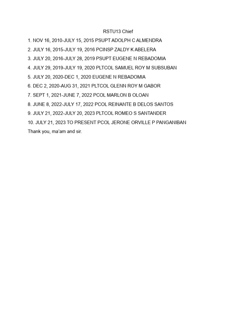 RSTU13 Chief Leadership Timeline | PDF