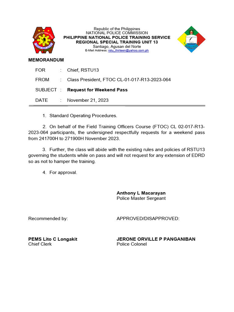 Request For Weekend Pass FTOC November 21 2023 | PDF