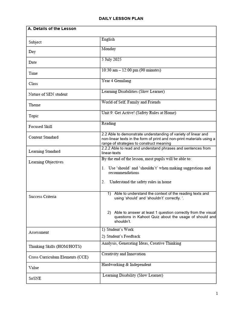 Lesson Plan | PDF | Learning Disability | Lesson Plan
