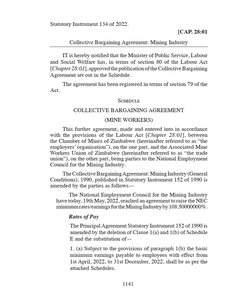 S.I. 134 of 2022 Collective Bargaining Agreement Mining Industry | PDF | Employment | Collective ...