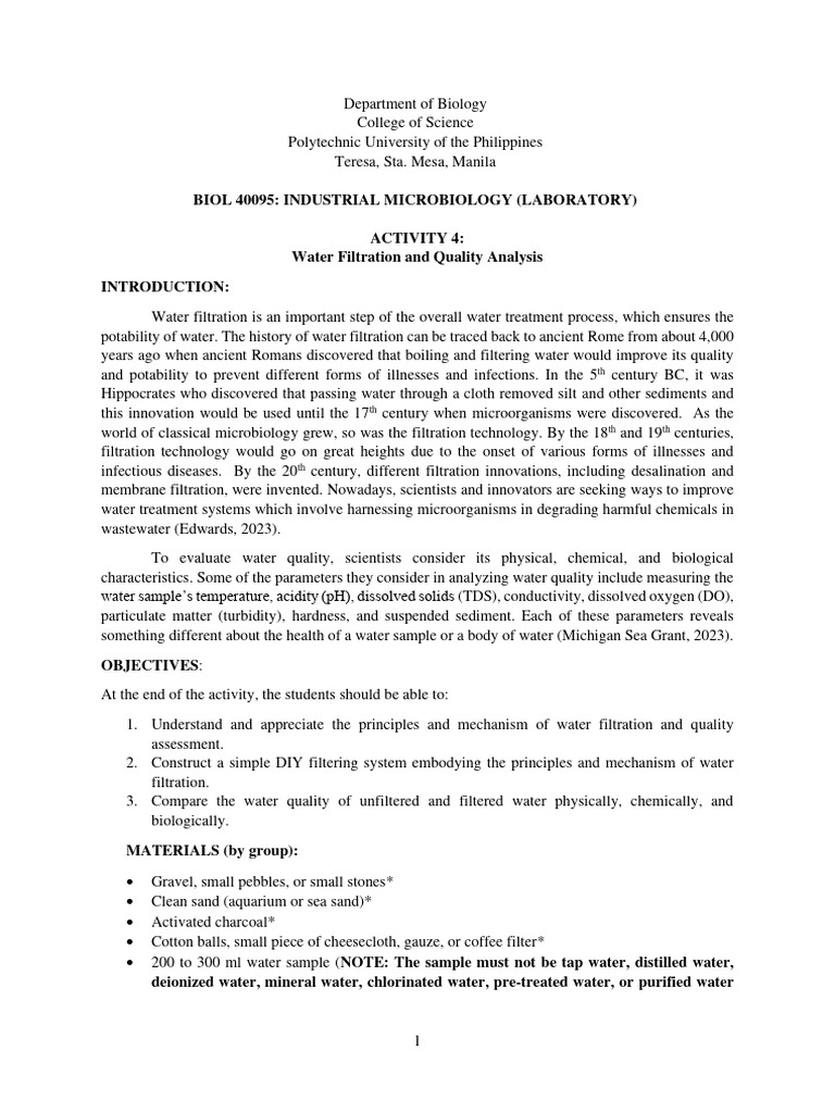 Activitiy 4 - Water Filtration and Quality Analysis | PDF | Water ...
